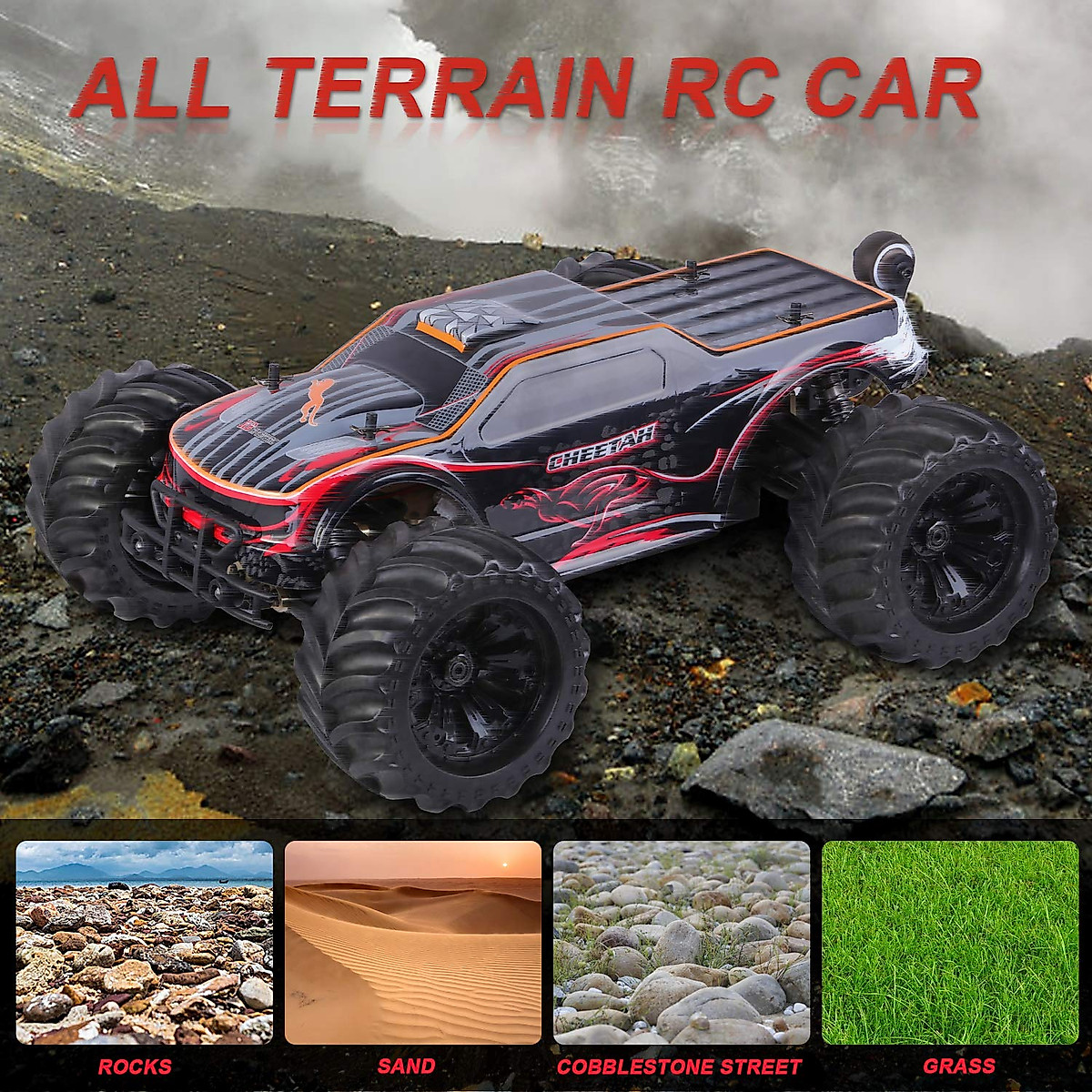 JLB Racing Cheetah 1:10 Scale RC Car Truck, 80+ KM/H High Speed RTR RC Truck, 2.4GHZ Radio Controlled Electric RC Car, 4WD 4x4 Off Road Monster Truck for Adults, IPX7 Waterproof Racing Vehicle Truck