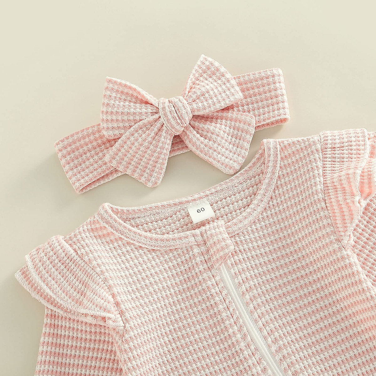 BemeyourBBs Newborn Baby Girl Clothes Ruffle Baby Sleeper Zipper Footie Romper Playsuit with Headband Outfit (Striped Pink,0-3 Months)