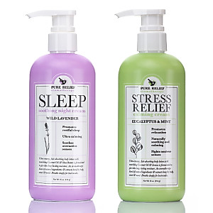 Pure Relief Sleep Body Lotion W/Lavender + Stress Relief Body Cream W/Eucalyptus & Arnica Aromatherapy Dry Skin Rescue Moisturizer Skin Care 2PC Set, Herbal Soothing Body Lotions, 16 Ounce (2-Pack)
