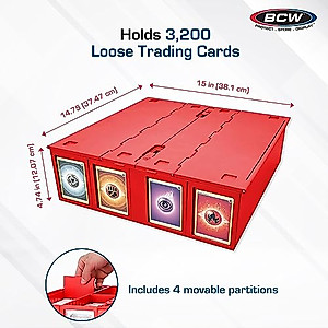 BCW Collectible Card Bin - Holds 3200 Cards - Large Card Storage Box for Loose Trading Cards, Pokemon, MTG, and Sports Card Storage Boxes, Includes 4 Card Bin Partitions, Sorting Card Box (Red)