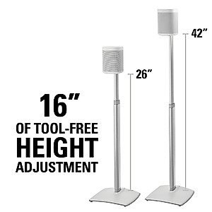 Sanus Adjustable Height Wireless Speaker Stands Designed for SONOS ONE, ONE SL, Play:1, and Play:3 - Tool-Free Height Adjust Up to 16" with Built in Cable Management - Single White…