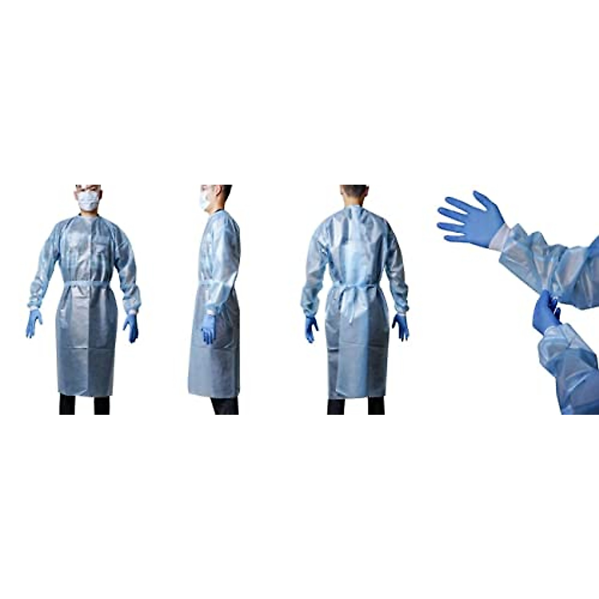 [10-Pack] Disposable Isolation Gown, FDA Registered, AAMI Level 1 PP & PE 30g, Fully Closed Double Tie Back, Elastic Cuffs, Fluid Resistant, Unisex (10), Blue