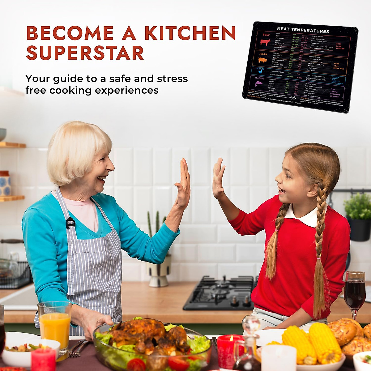 Levain & Co Meat Temperature Magnet - Beef, Poultry, Fish & Pork Cooking Temperature Chart - Horizontal Meat Temperature Chart - Meat Temp Magnet Kitchen Tools Cooking Gadgets - Fridge Accessories