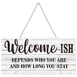Hotop Funny Welcome Front Door Sign Welcome-ish Hanging Sign 12 x 6 Inch, Rustic Wall Farmhouse Door Decor for Home Porch Entryway Decor(Black Words with White Base)