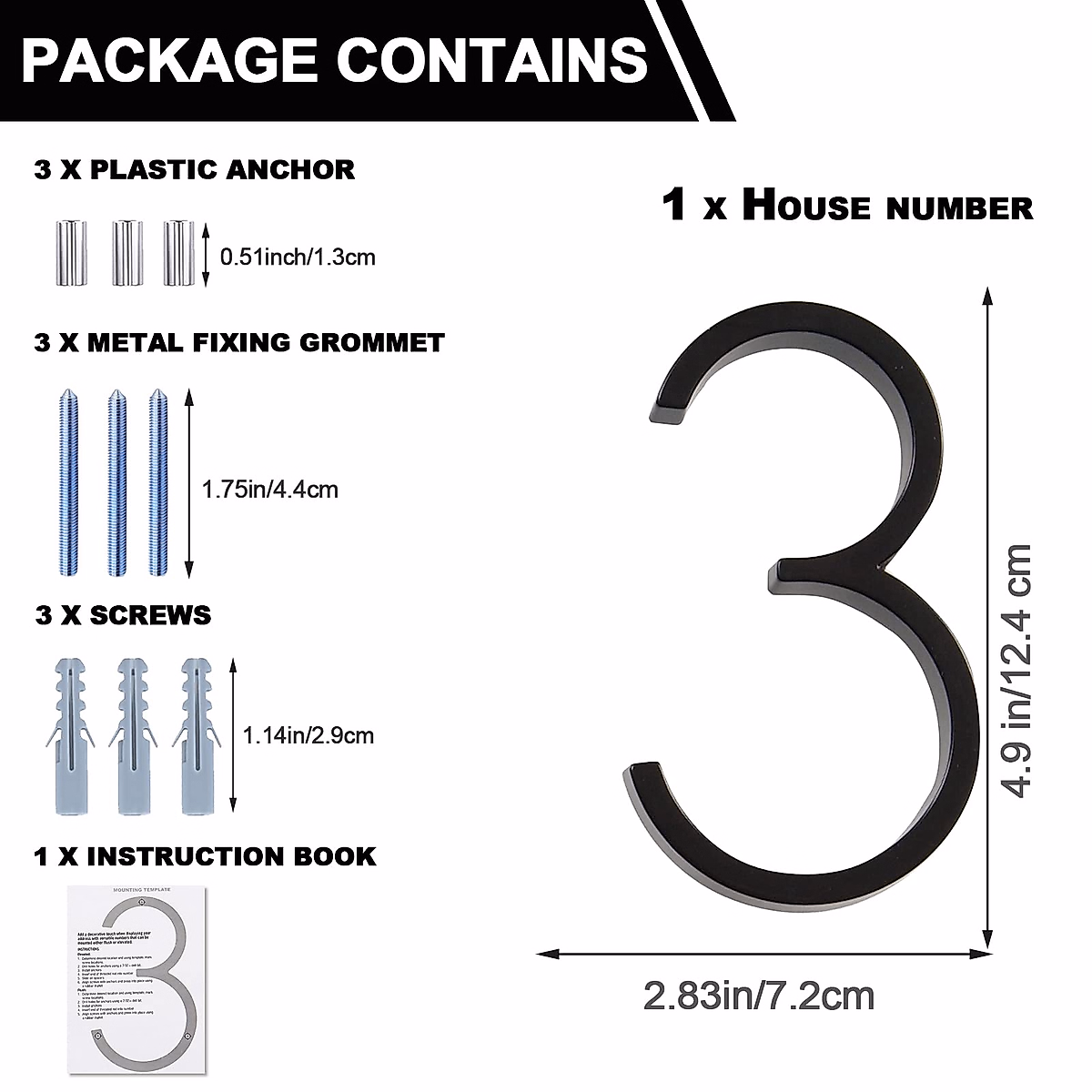 5 Inch House Numbers for Outside, Metal Modern Floating House Numbers, Garden Door Mailbox Decor Number with Nail Kit, Visibility Signage (Black 3)