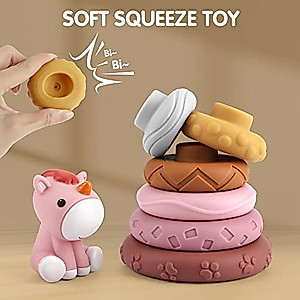 Nueplay 7 Pcs Stacking & Nesting Baby Toys, Squeeze Teething Baby Toys and Building Circle with Pink Horse Figure, Newborn Essentials for 6 12 18 Months Baby Toddler Girls
