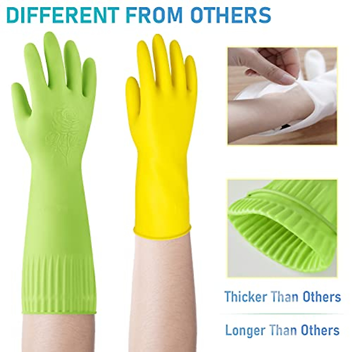 Disfore Rubber-Gloves Dishwashing Gloves for Cleaning-Kitchen - 2 Pairs of Durable and Reusable Kitchen Gloves，Long Sleeve Waterproof Household Cleaning Gloves for Washing Dishes (Medium Green)