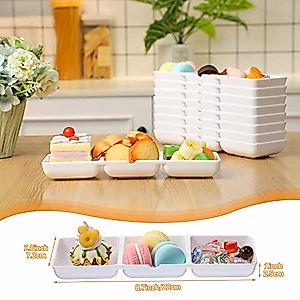 12 Pcs Small White Plastic Appetizer Serving Tray 3 Compartment Serving Dishes Reusable Stackable Sectional Serving Platter Rectangular Divided Split Dish for Restaurant Kitchen Food Candy