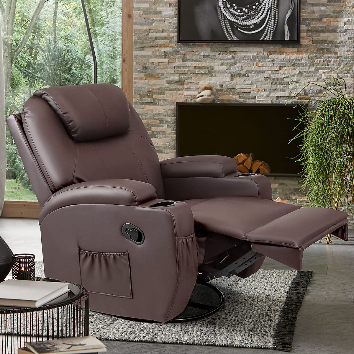 YESHOMY Swivel Rocker Recliner with Massage and Heating Functions, Sofa Chair with Remote Control and Two Cup Holders, Suitable for Living Room, PU Leather Brown