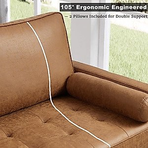 HIFIT Sofa Couch Set for Living Room, Mid Century Modern Faux Leather Sofa with Deep Love Seat & Fluffy Cushion, Living Room Furniture Sets, Small Sectional Couch for Bedroom/Office/Small Space, Brown