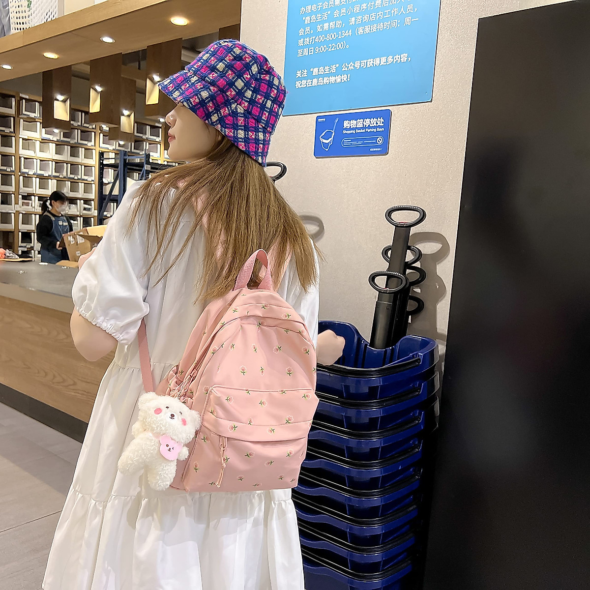 kakarin choyx Kawaii Backpack Mori Art Floral School Bag With Pendant 12.2 Inch Aesthetic Backpack Cute Backpack Medium School Bag (Pink, Middle)