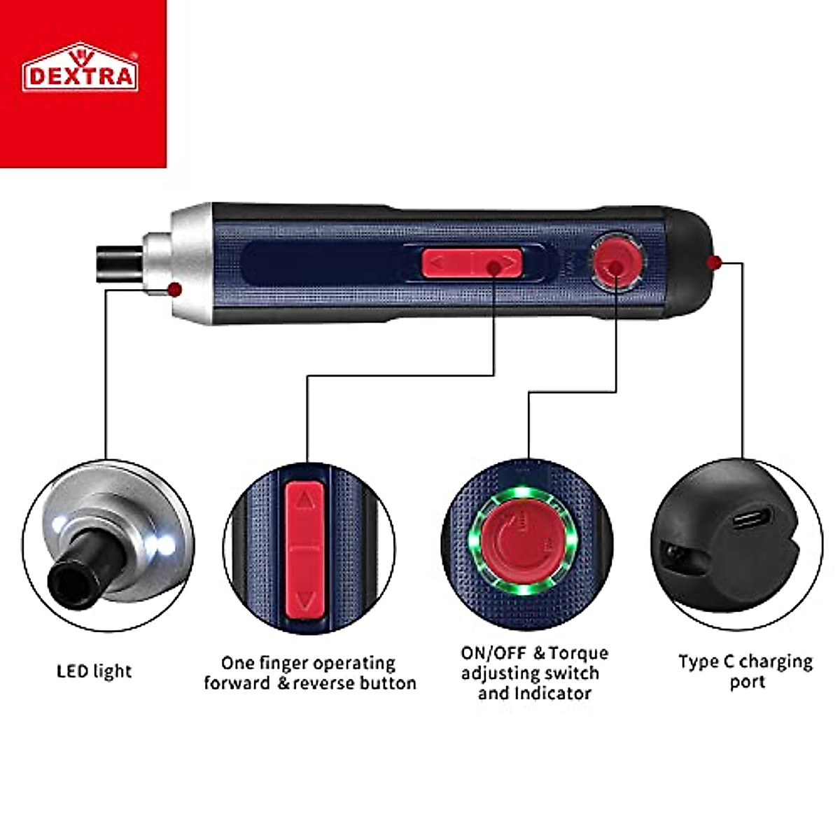 4V Cordless Electric Screwdriver with 4 Torques Small portable power screwdriver kit,2Ah Li-ion available for USB charging,with LED Work Light for the repair of appliances, furniture