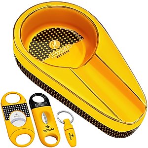 roygra Cigar Ashtray with Cigar Cutter Set, Handmade Gilt Ceramic Ashtray with Enlarge Guillotine, Enlarge V-Cut, Cigar Punch (Orange)
