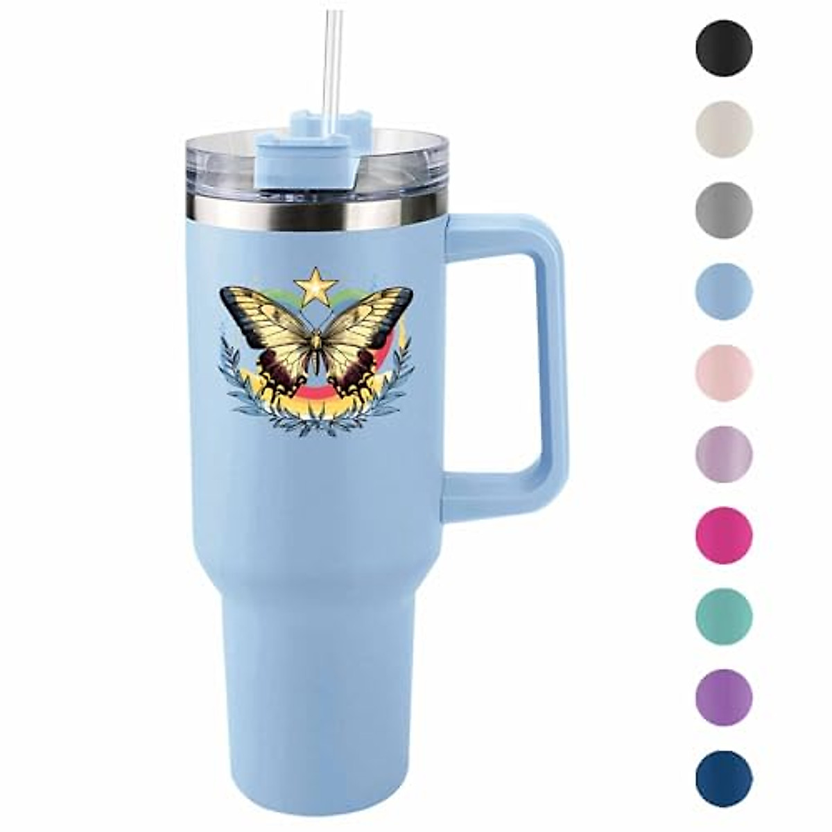 40 Oz Insulated Tumbler with Handle and Straw,Watercolor Butterfly Star Leaf Stainless Steel Vacuum Insulated Travel Mug,Leak-proof Water Bottle Iced Coffee Cup,Vintage Rainbow
