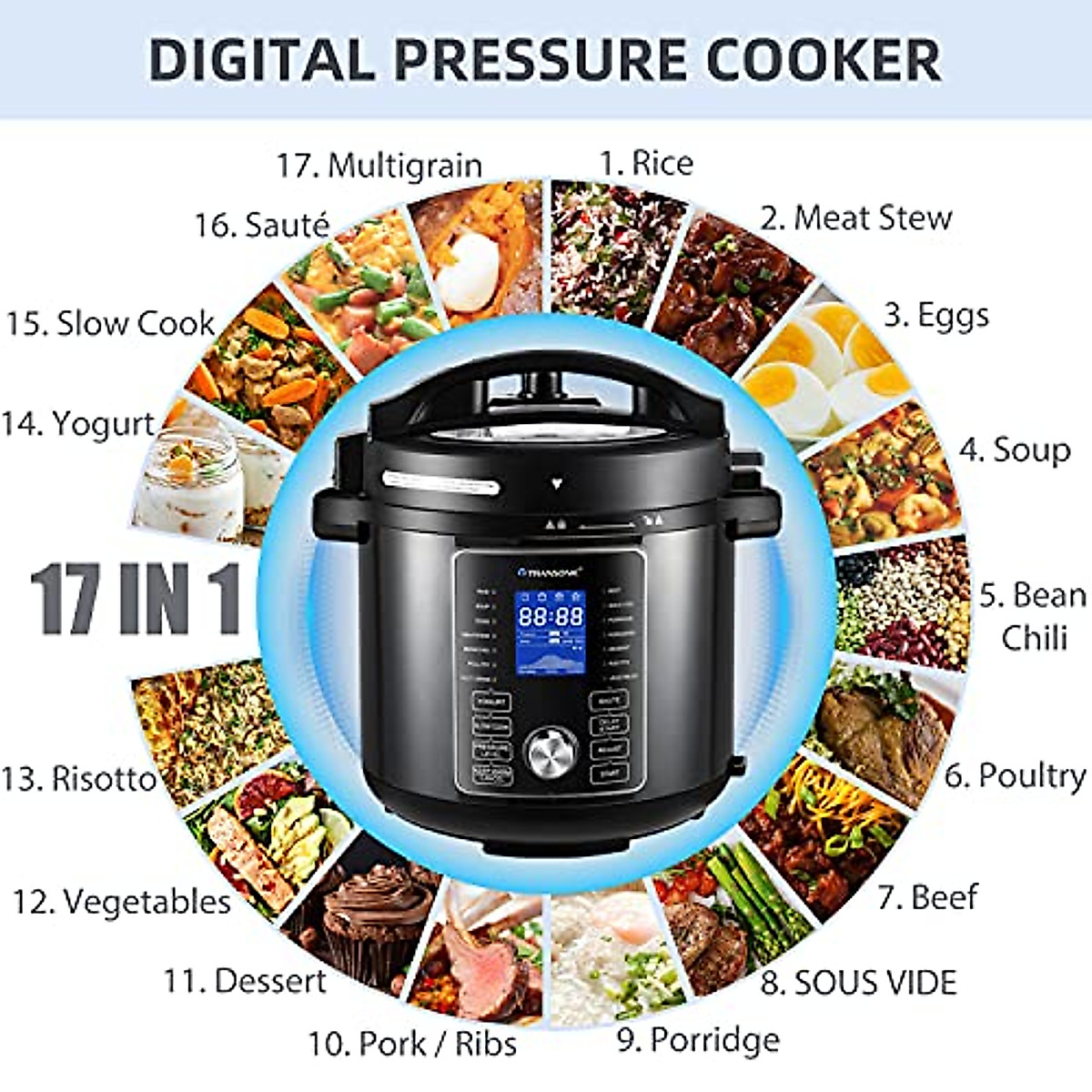 Transonic OPA160 Pressure Cooker Air Fryer Combo, 6 Quart 1500W Multi Cooker Pressure Cooker Air Fryer, All in 1 Pressure Cooker with Air Fryer Lid, Large LED Display, Black Metallic
