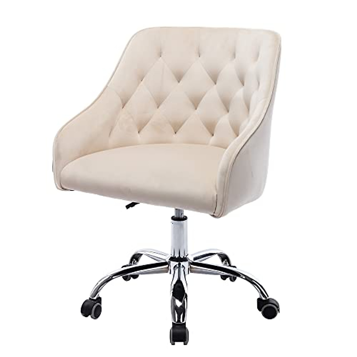 Goujxcy Home Velvet Office Desk Chair with Mid-Back, Modern Height Adjustable 360°Swivel Upholstered Computer Task Chair with Arms and Wheels for Living Room Bedroom (Beige)
