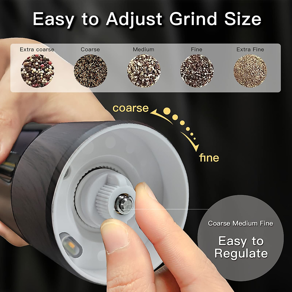 Electric Salt and Pepper Grinder Set - Rechargeable USB Cable, LED Lights, Automatic Pepper and Salt Mill Grinder Set Refillable, Adjustable Coarseness, One Hand Operation (Black Brown 2 Pack)