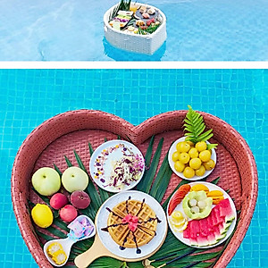 Floating Serving Tray Table,Swimming Pool Floating Serving Tray,Floating Rattan Woven Food Tray with Handles,Heart-Shaped Rattan Woven Serving Tray,Apricot
