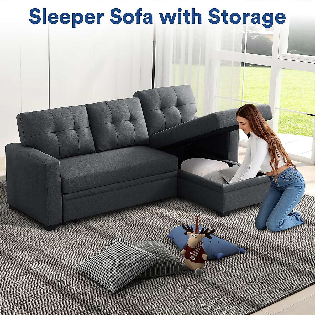 Rovibek L Shaped Couch with Pull Out Bed and Storage Multifunctional Sectional Sleeper Sofa with Chaise for Living Room, Apartment, Bedroom, Office, Dark Grey