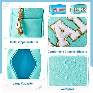 Patelai 2 Pcs Preppy Makeup Bags Chenille Letter Patch Bag Face Skin Hair Stuff Aesthetic Cosmetic Bag Travel Zipper Pouch Makeup Organizer Graduation Gift for Girls(Green, Blue, Hair, Skin)