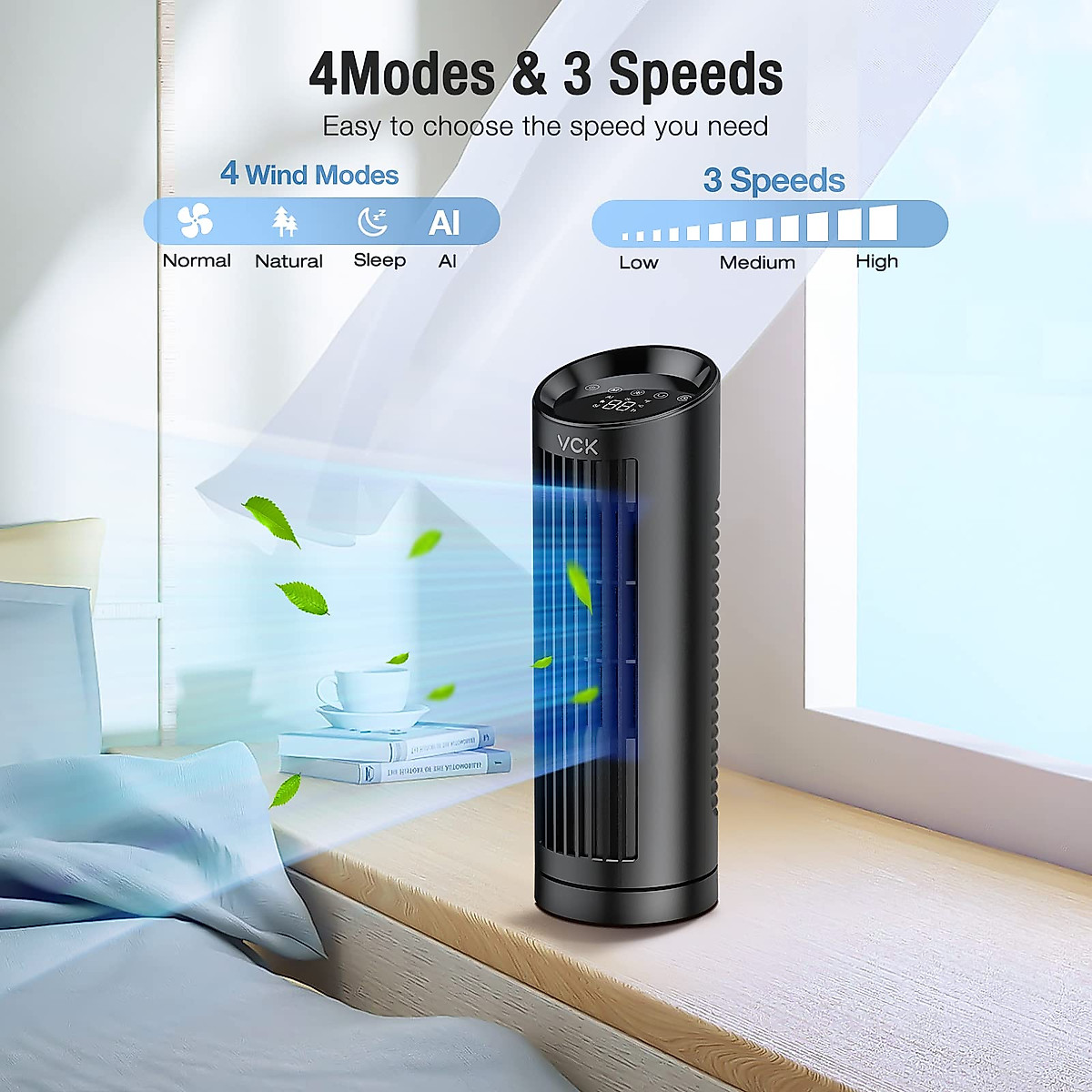 VCK Personal Table Fan, Tower Fan Oscillating Fan, LED Display with Touch, 13'' Remoter Small Desk Fan, Standing Fans, Bladeless Fan, 3 Speeds, 12h Timer, 4 Modes for Home Office Desktop Bedroom