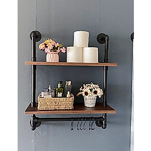 MEYRUOXI Pipe Shelves Industrial Pipe Shelving Industrial Bathroom Shelves with Towel bar,24 in Rustic Metal Pipe Floating Shelves Pipe Wall Shelf,2 Tier Industrial Shelf Wall Mounted with Hook