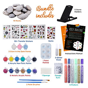 J MARK Premium Rock Painting Kit - 42 Piece Rock Paint Bundle- Rocks, Acrylic Paint Markers, Glow in The Dark, Metallic and Acrylic Paints, Transfer Stickers, Gems, Googly Eyes, Glitter Glues,Palette