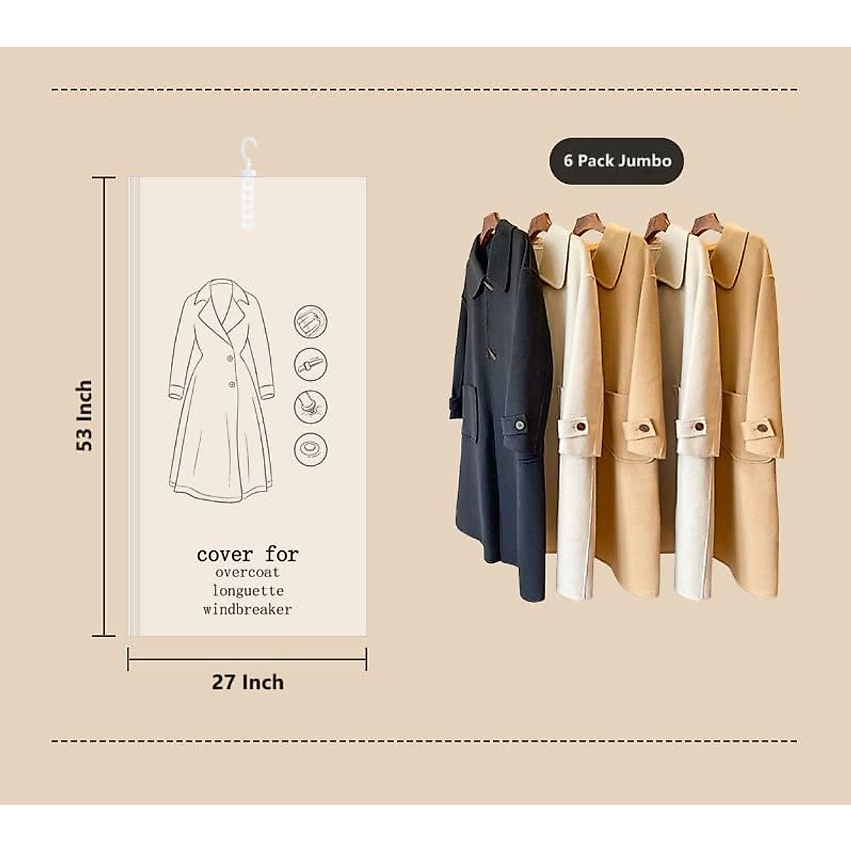 Elebac 6 Long Hanging Vacuum Storage Bags for Clothes, Vacuum Sealer Space Bags for Coat, Jumbo Clothes Protector Compression Bags for Closet Garment