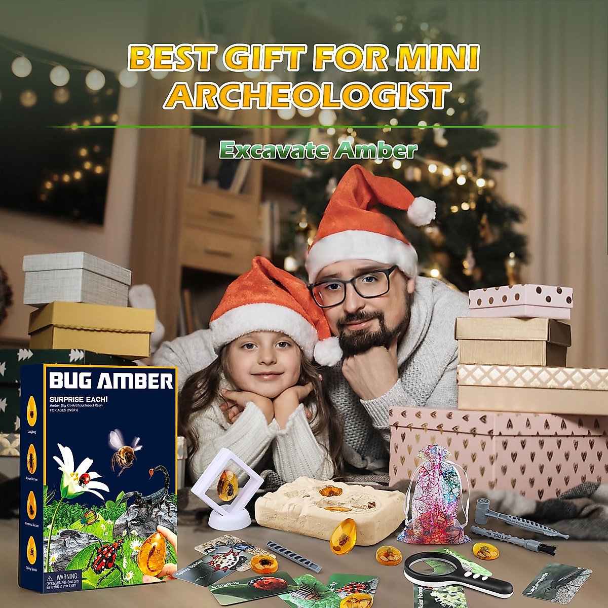 Amber Dig Kit - Insects in Resin, 8 Insects Specimens Excavation Kit, Geographic Bug Toys for Kids, Educational Science Kits for Bugs Collection, STEM Toys for Boys & Girls Age 6 and up Birthday Gift