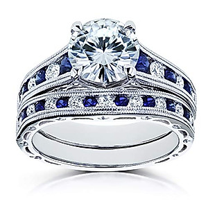 Kobelli Forever One (D-F) Moissanite Bridal Set and Sapphire 2 7/8 Carat in 14k White Gold, Size 10