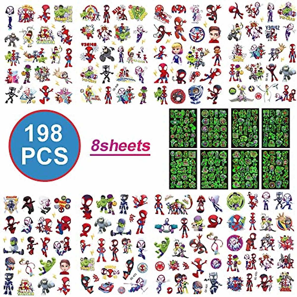 198PCS Spider Temporary Tattoos for Kids, 8 Sheets Luminous Birthday Party Supplies Favors, Anime Favors Decorations Cute Fake Stickers Teens, Water Bottles, Green