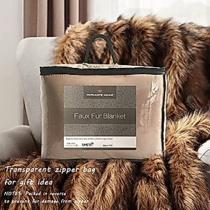 Luxury Plush Faux Fur Throw Blanket, Long Pile Brown with Black Tipped Blanket, Super Warm, Fuzzy, Elegant, Fluffy Decoration Blanket Scarf for Sofa, Armchair, Couch and Bed, 50''x 60''