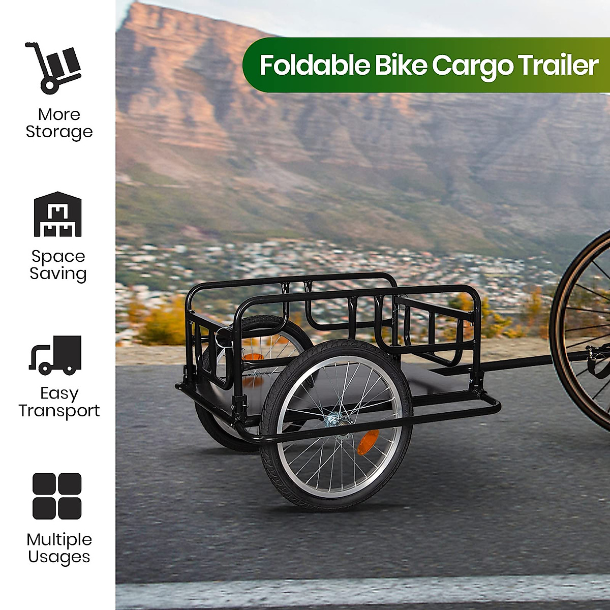 Polar Aurora Bike Cargo Trailer w/Universal Bicycle Coupler, 16'' Wheels, Foldable Bicycle Cart Wagon for Carrying Groceries, Luggage, Tools