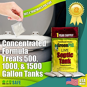 GREEN PIG 52 Live Tank Treatment Aids in The Breakdown of Septic Waste to Prevent Backups with Easy Dissolvable Flush, Consumer Strength