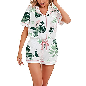 LUBOT 100% Cotton Women's Pajamas Set Short Sleeve Button-Down Shirt PJ Two-piece Set Printed Patterned Summer Night Suit Sleepwear Loungewear (Leaves, L)