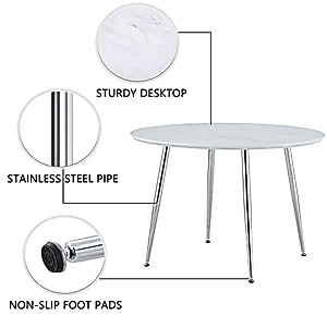 Round Dining Table Set for 4,White Wooden Kitchen Table and Chairs for Small Dining Room, Marble-Like Table Top with Metal Legs,5 Pieces Modern kitchen & dining room sets, Perfect for Dining Room