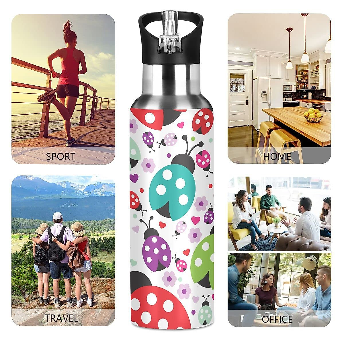 xigua Ladybug Water Bottle Double Walled Stainless Steel Leak Proof Thermo Flask for Sports Gym Cycling Outdoor,20 oz.