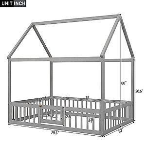 Harper & Bright Designs Grey House Bed Full Floor Bed with Fence Railings, Kids Wooden Full Size Montessori Bed Frame with Small Door for Kids, Fun Playhouse Beds, Full Size Bed Frame for Girls Boys