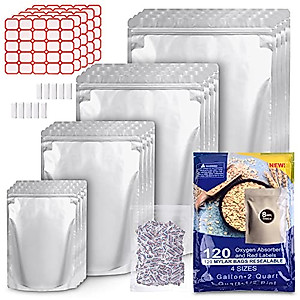120 Mylar Bags for Food Storage with Oxygen Absorbers 300cc, 8 Mil 1Gallon 10"x14", 7.5"x11.5", 6"x9", 4.3"x6.3" Stand-Up Zipper Resealable Bags & Heat Sealable Food Storage Bags + Labels