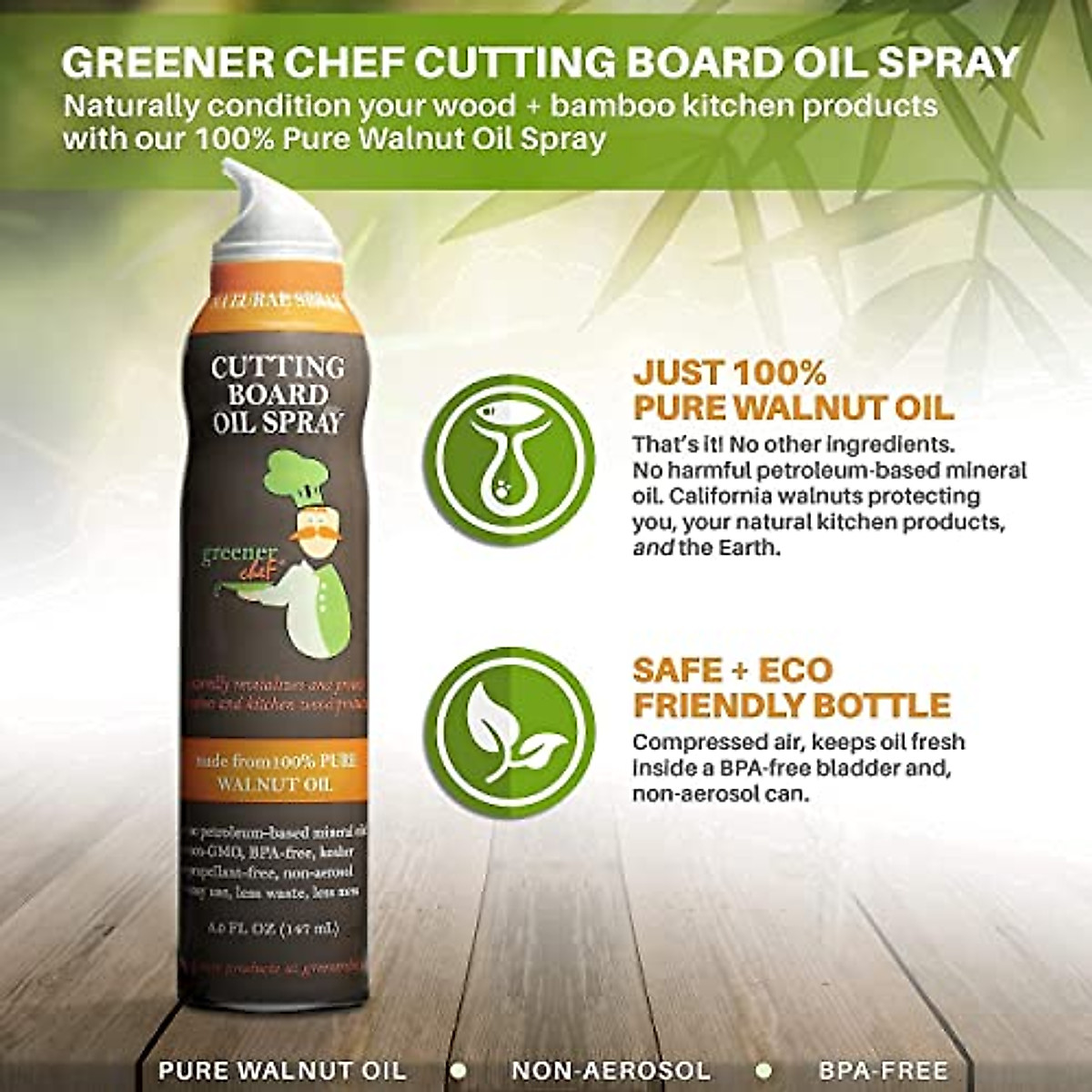 Extra Large Bamboo Cutting Board and Food Grade Oil Spray by Greener Chef