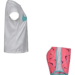 Nike Little Girls' Dri-Fit Swoosh All Over Print T-Shirt and Shorts 2 Piece Set (SunsetPulse(26H664-ACG)/White, 3T, 3_Years)