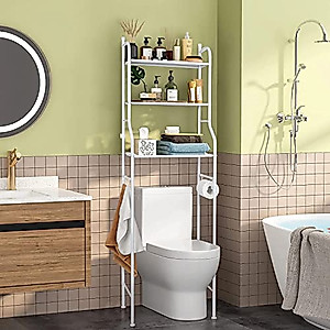 Over The Toilet Storage Rack,3-Tier Industrial Bathroom Storage Shelf With Steel Frame Above Toilet Storage Shelf Floor Free Standing Anti-Tilt Metal Frame Shelf Organizer Bathroom Furniture,White