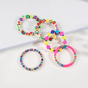 CONRAN KREMIX Colorful Beaded Stackable Bracelets Set For Women SummerHeishi Stretch Bracelet Surfer Rainbow Smiley Face Bracelet Beach Accessories Y2k Jewelry