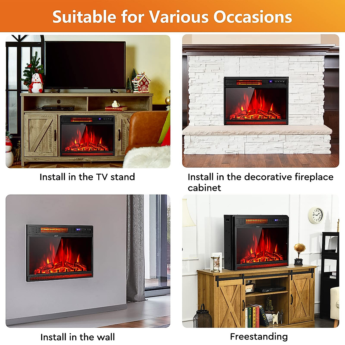 COSTWAY Electric Fireplace Insert 25-Inch Wide, 900/1350W Recessed and Freestanding Heater with Remote Control, 3 Flame Colors, 4 Brightness, Adjustable Temperature, Electric Fireplace for Indoor Use