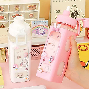 excvalues Kawaii Water Bottle with Straw Cute Large Water Bottles with Kawaii Stickers Aesthetic Leakproof Square Drinking Bottle (white 1)