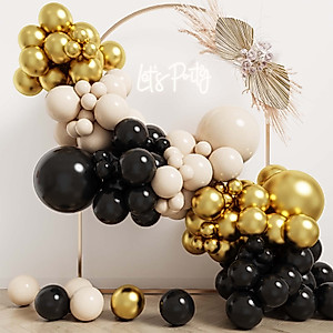 RUBFAC Black Gold Boho Balloon Garland Arch Kit, 142pcs Metallic Gold, Sand White and Black Balloon Arch Kit for Graduation, Birthday and Anniversary Party Decorations