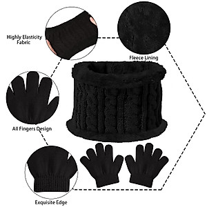 Kids Winter Beanie Hat Scarf Gloves Set, Toddlers Knit Winter Warm Double Pompom Cap Scarf Gloves for 1-5 Years Old (Black)
