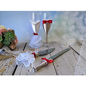 Abbie Home Wedding Anniversary Cake Knife and Server Set in Grey and White- Silk Bow Tie and Red Rose Rhinestone Lace Decoration (Cake Knife&Server Set)