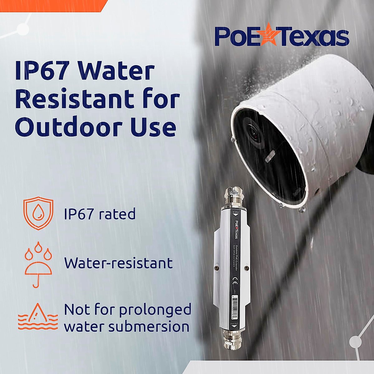 PoE Texas PoE++ Extender - Outdoor PoE Repeater - IP67 Waterproof and Direct Burial Capable - High-Speed Ethernet Booster Extends Power and Gigabit Data Range by 100m - IEEE 802.3bt/at/af Compliant