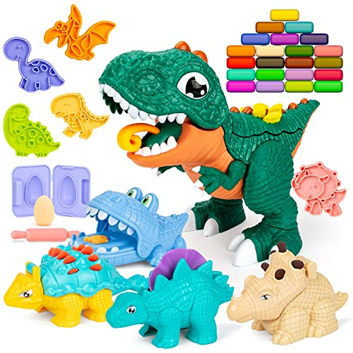 COVTOY Dinosaur Playdough Tool Kit for Toddlers 3 4 5 Year Old Boys Girls, Art & Craft Kit DIY Toy Set Make Your Own Play Dough, Dinosaur Toys for Kids 3-5 (24 Pcs Playdough Bulk Pack)
